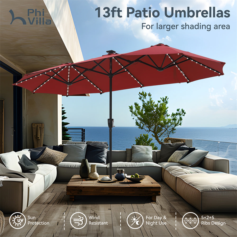 PHI VILLA 13ft Large Double-Sided Patio Umbrella with Solar Powered LE ...