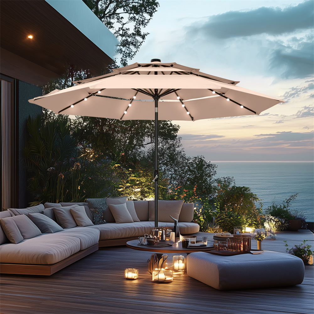 PHI VILLA 10ft 3 Tier Auto-tilt Patio Umbrella with Solar Powered LED ...