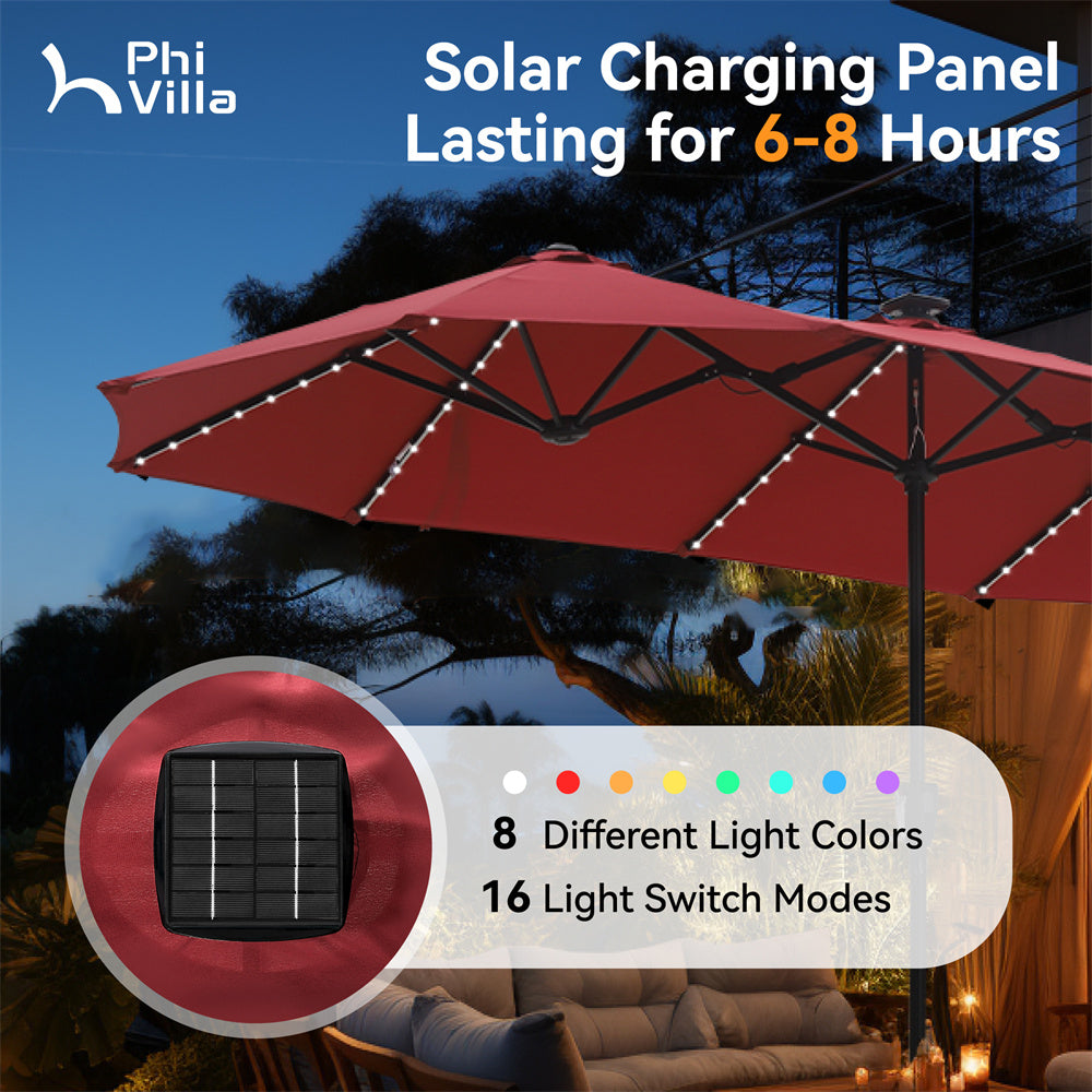 PHI VILLA 13ft Large Double-Sided Patio Umbrella with Solar Powered LE ...