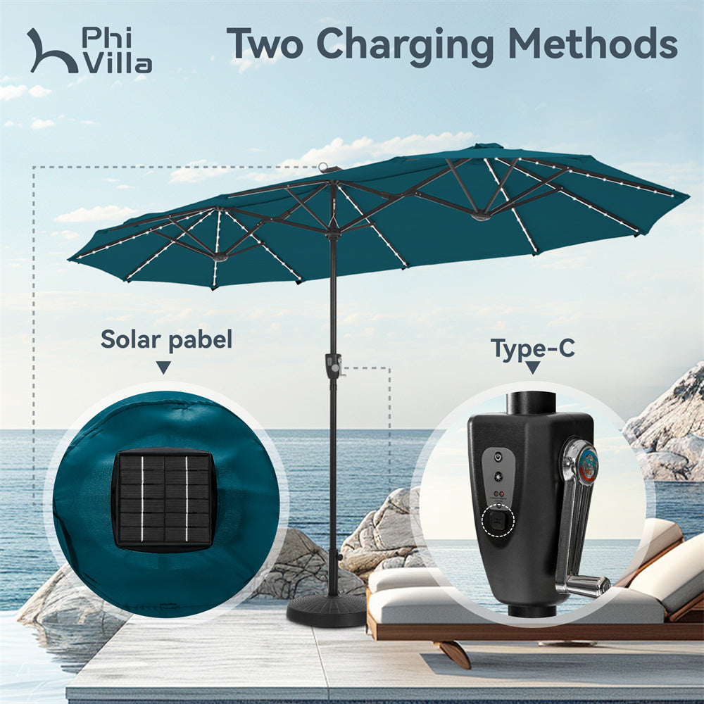 PHI VILLA 13ft Large Double-Sided Patio Umbrella with Solar Powered LE ...