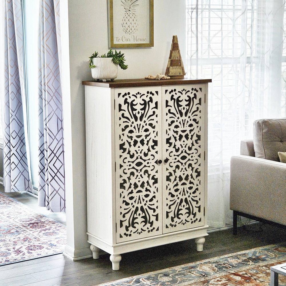 Tall Accent Storage Cabinet with Decorative Carved Design-MFSTUDIO ...