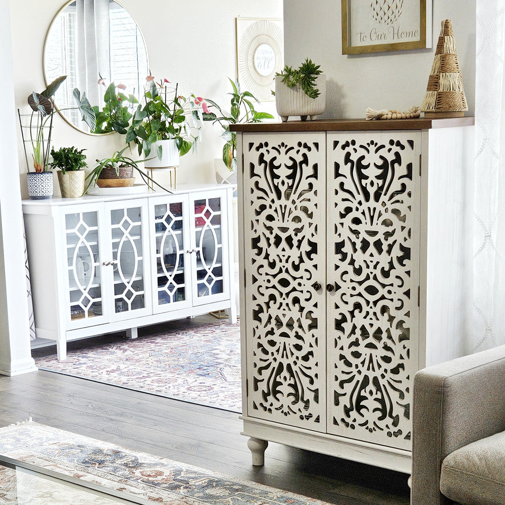 Tall Accent Storage Cabinet with Decorative Carved Design-MFSTUDIO ...
