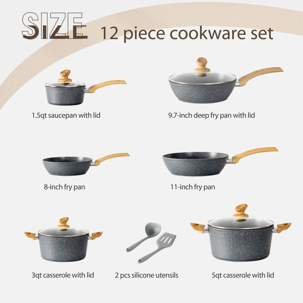 Stylish Granite-Coating Nonstick Induction 12 Pieces Cookware Gift Set ...