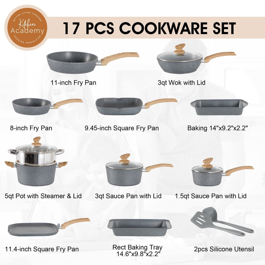Induction Nonstick Granite-Coating 17 Piece Cookware Set-Kitchen ...