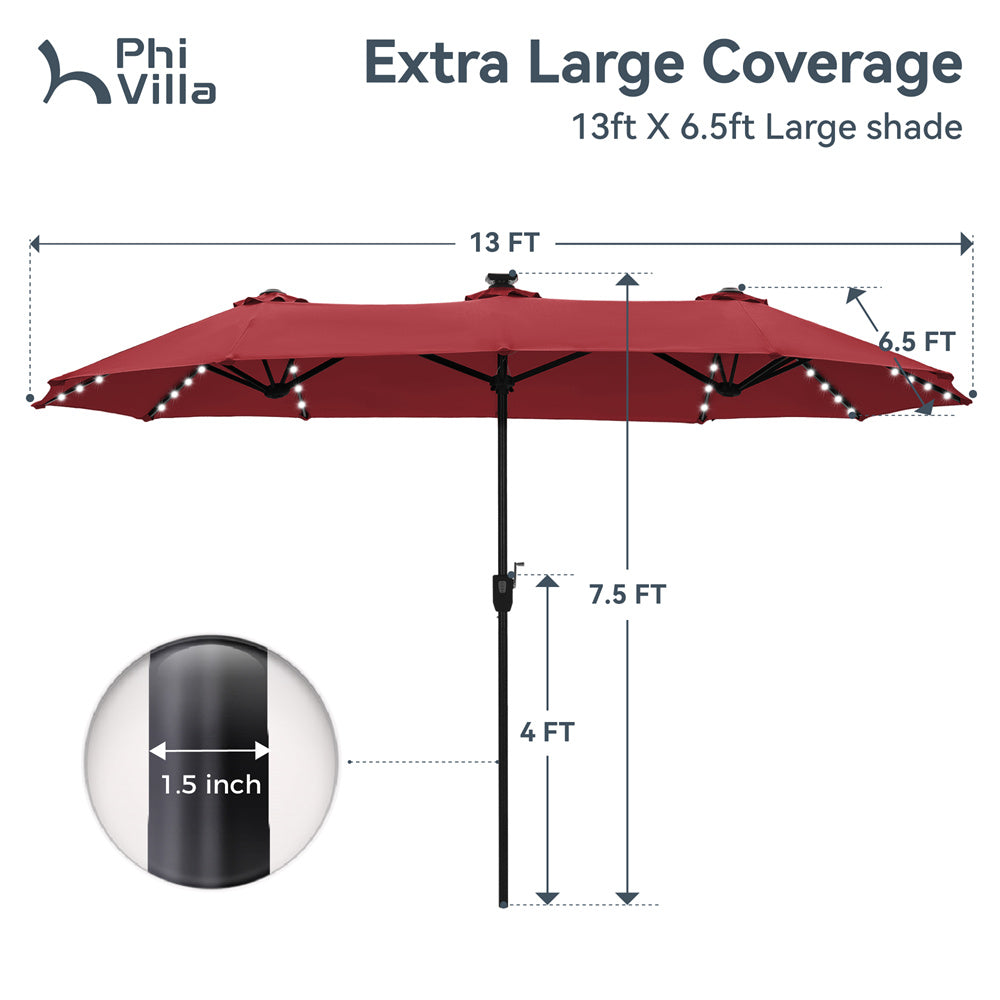 PHI VILLA 13ft Large Double-Sided Patio Umbrella with Solar Powered LE ...