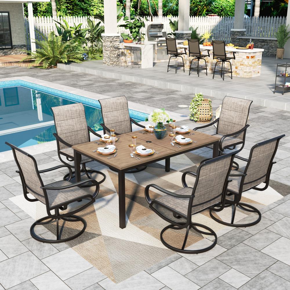 7-Piece Farmhouse Style Wood Grain Table & Textilene Swivel Chairs ...