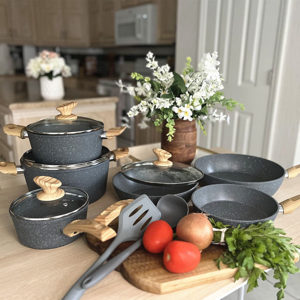 Stylish Granite-Coating Nonstick Induction 12 Pieces Cookware Gift Set ...