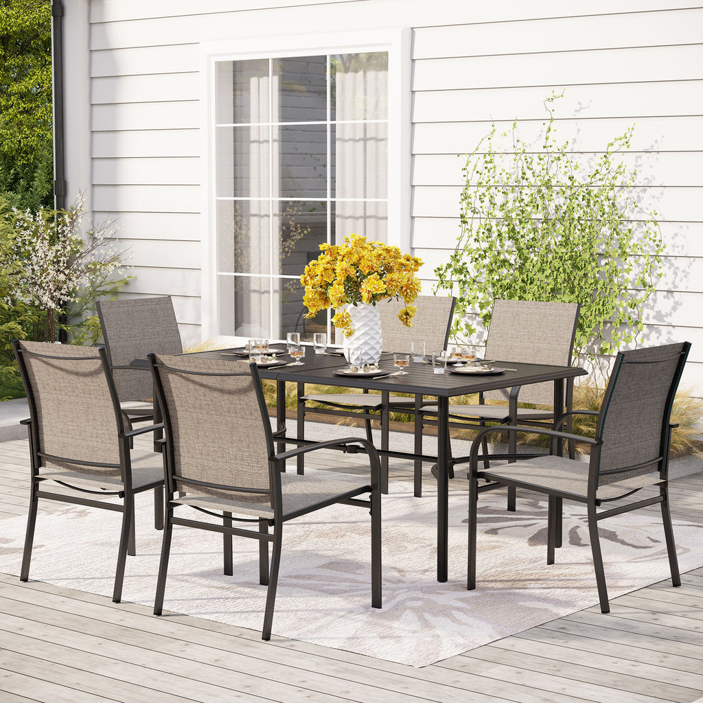 7-Piece Patio Dining Set Steel Rectangle Table & Textilene Fixed Chairs ...