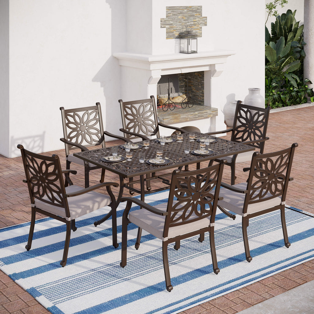 7-Pcs Cast Aluminum Patio Dining Set Carved Table & Flower Back Chairs ...