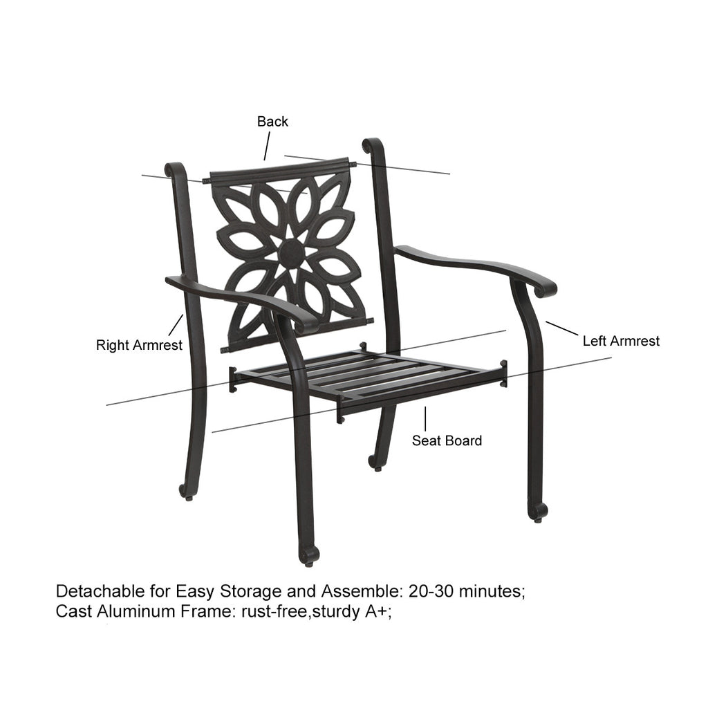 7-Pcs Cast Aluminum Patio Dining Set Carved Table & Flower Back Chairs ...